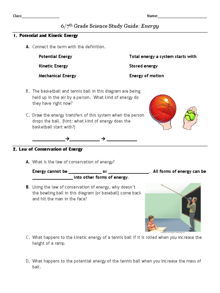 6/7 Grade Science Study Guide: Energy: Class: - Name | PDF ...