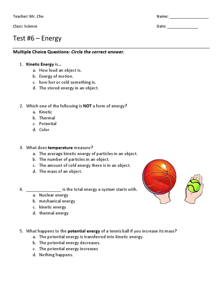 Test #6 - Energy: Multiple Choice Questions: Circle The Correct Answer ...