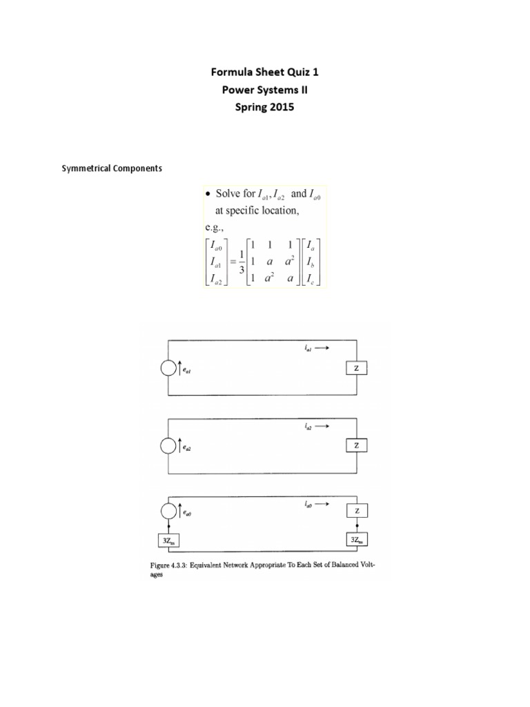Formula Sheet Quiz 1 Power Systems II Spring 2015: Symmetrical ...