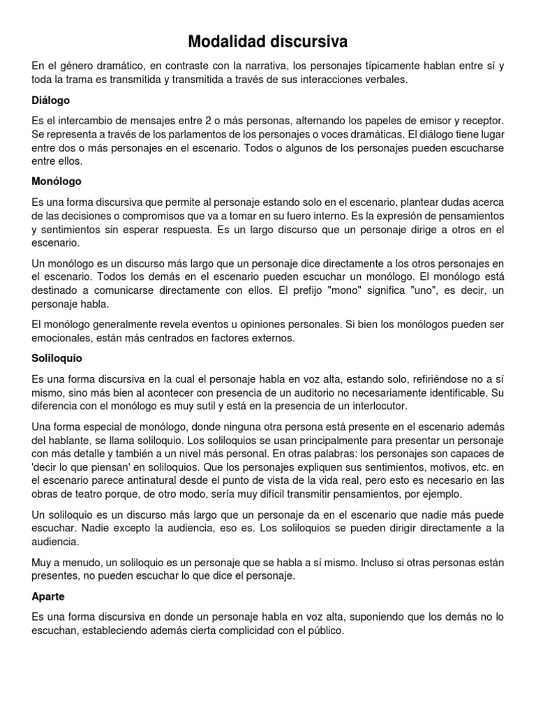 Modalidad discursiva: Diálogo | Monólogo | Teatro
