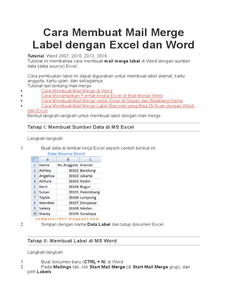 Cara Membuat Mail Merge Label Dengan Excel Dan Word | PDF