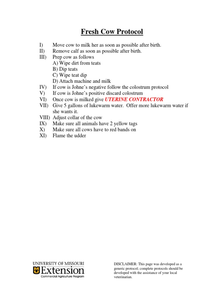 Fresh Cow Milking Protocol | PDF