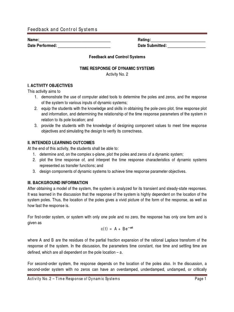 Feedback and Control Systems: Activity No. 2 - Time Response of Dynamic ...