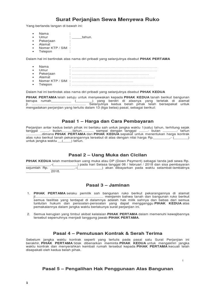 Surat Perjanjian Sewa Menyewa Ruko | PDF