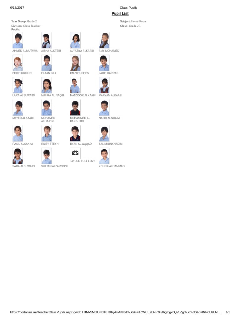 Pupil List: Year Group: Grade 2 Subject: Home Room Division: Class ...