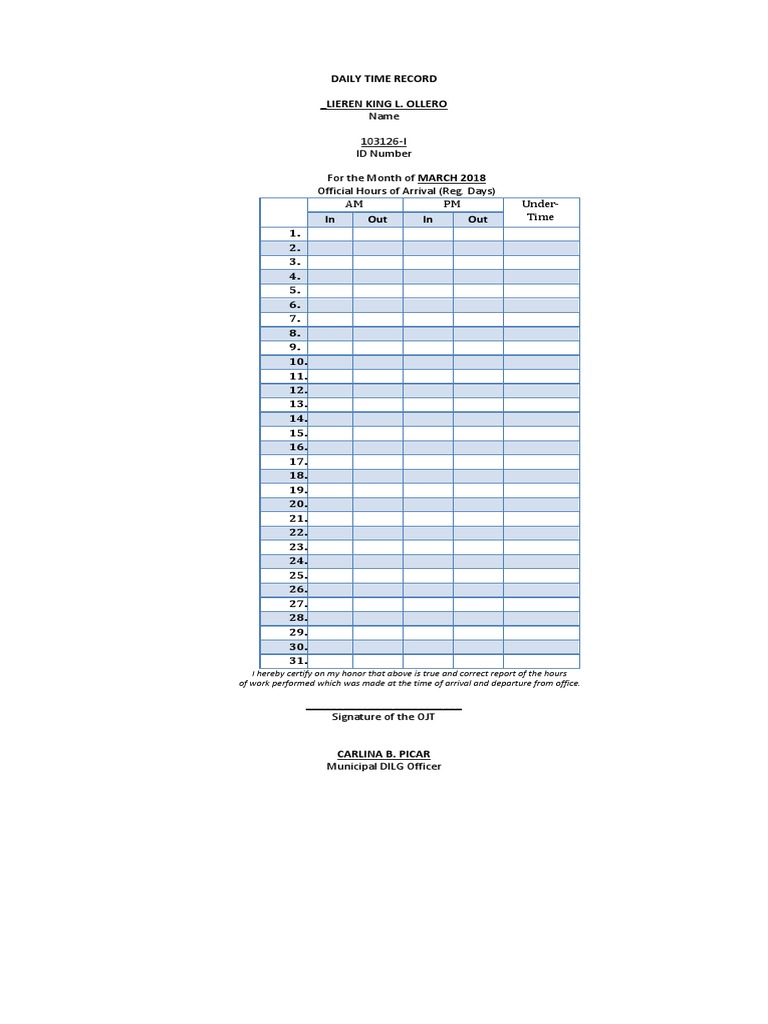 Daily Time Record - Lieren King L. Ollero | PDF