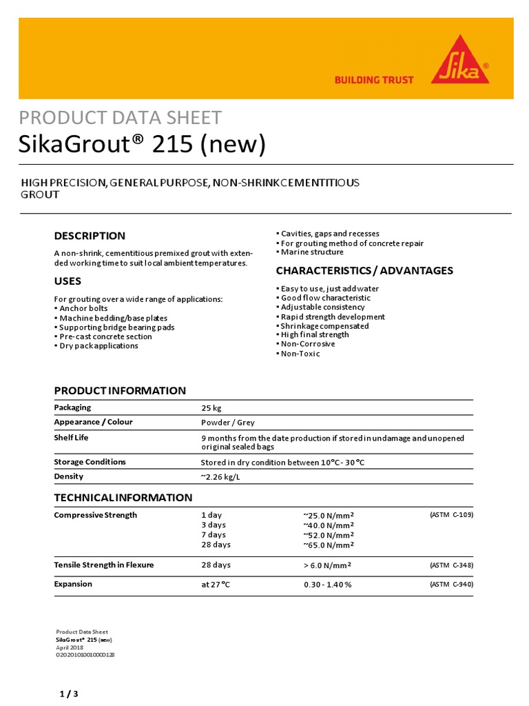 Sikagrout® 215 (New) : Product Data Sheet | PDF | Concrete | Mortar ...