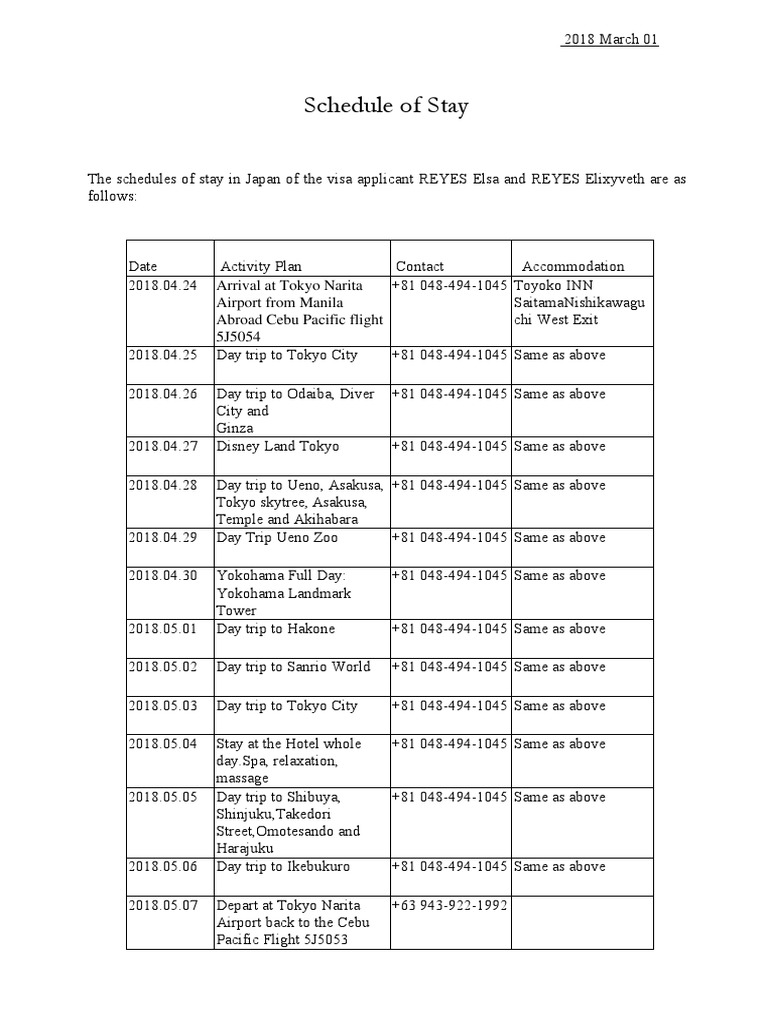 Schedule of Stay | PDF