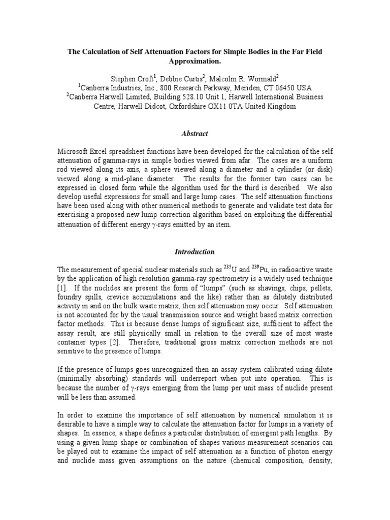 The Calculation of Self Attenuation Factors For Simple Bodies in The Far Field Approximation ...