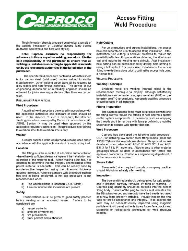 Caproco Access Fitting Weld Procedure | PDF | Welding | Construction