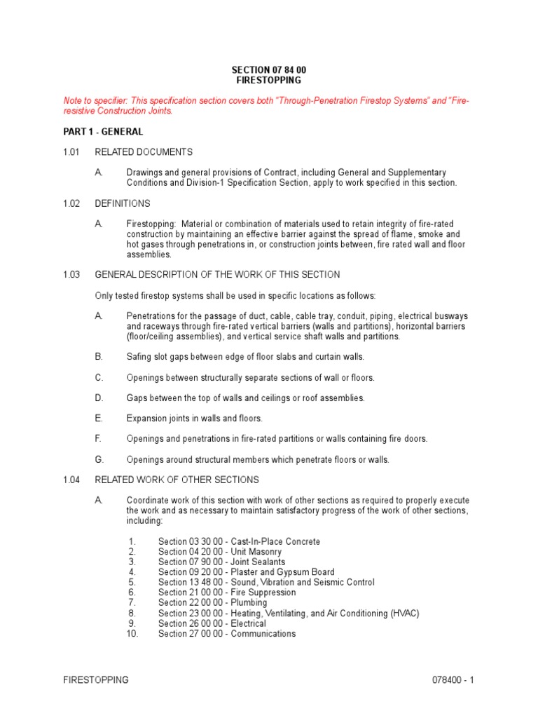 Spec Section 07-84-00 For Firestopping Specification Text ASSET DOC LOC ...