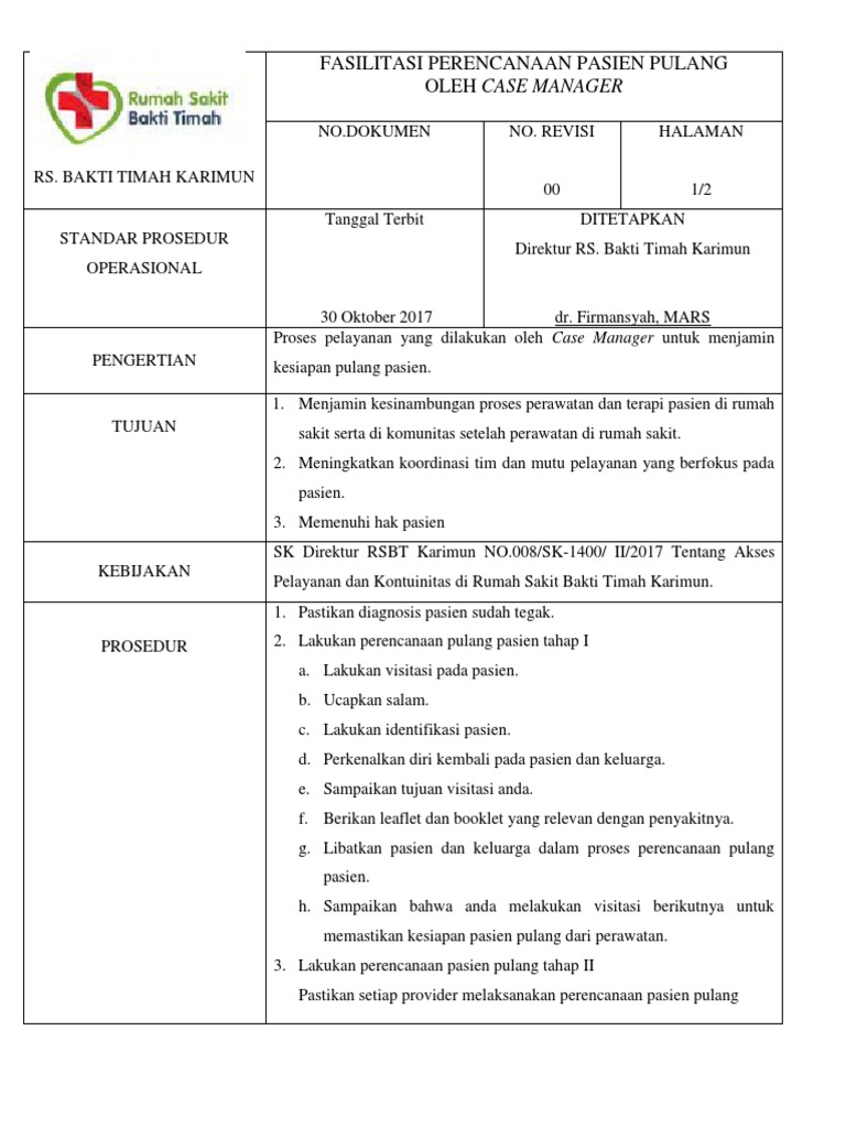 Spo Fasilitasi Perencanaan Pasien Pulang Oleh Case Manager | PDF