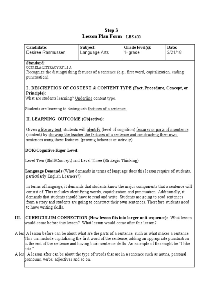 1st Grade Language Arts Lesson Plan | PDF | Teachers | Sentence ...
