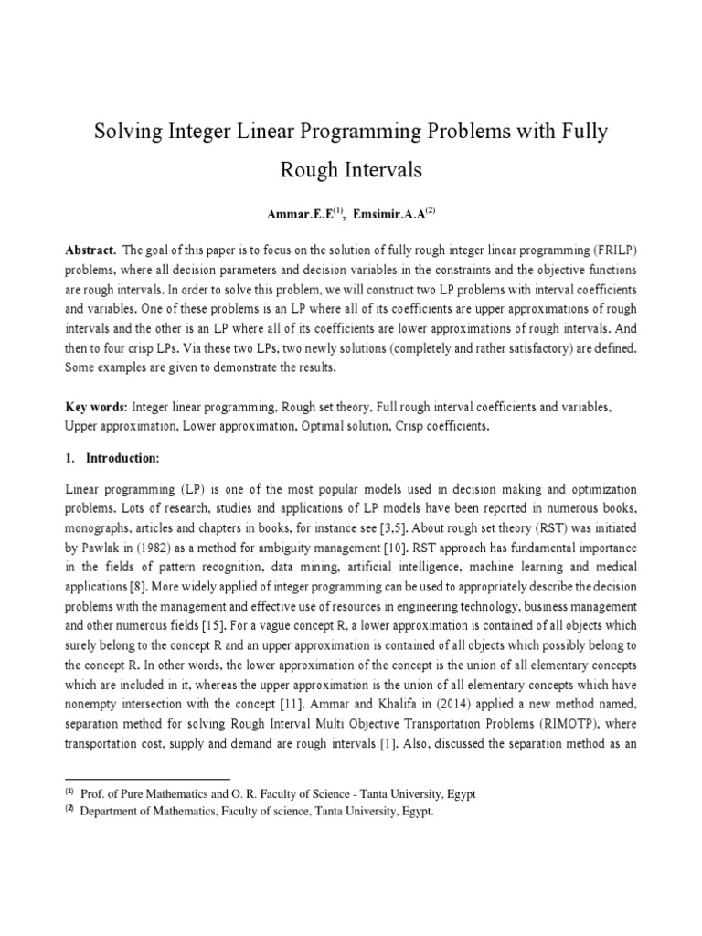Solving Integer Linear Programming Problems With Fully Rough Intervals Pdf Mathematical