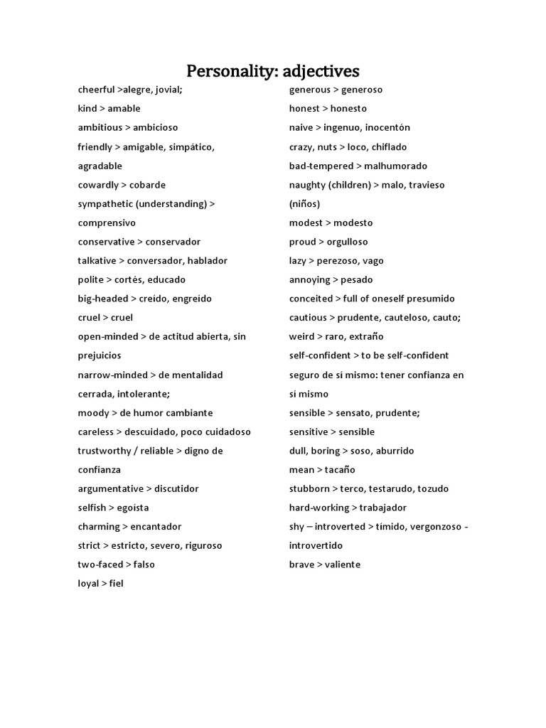 Personality Adjectives in Spanish | PDF