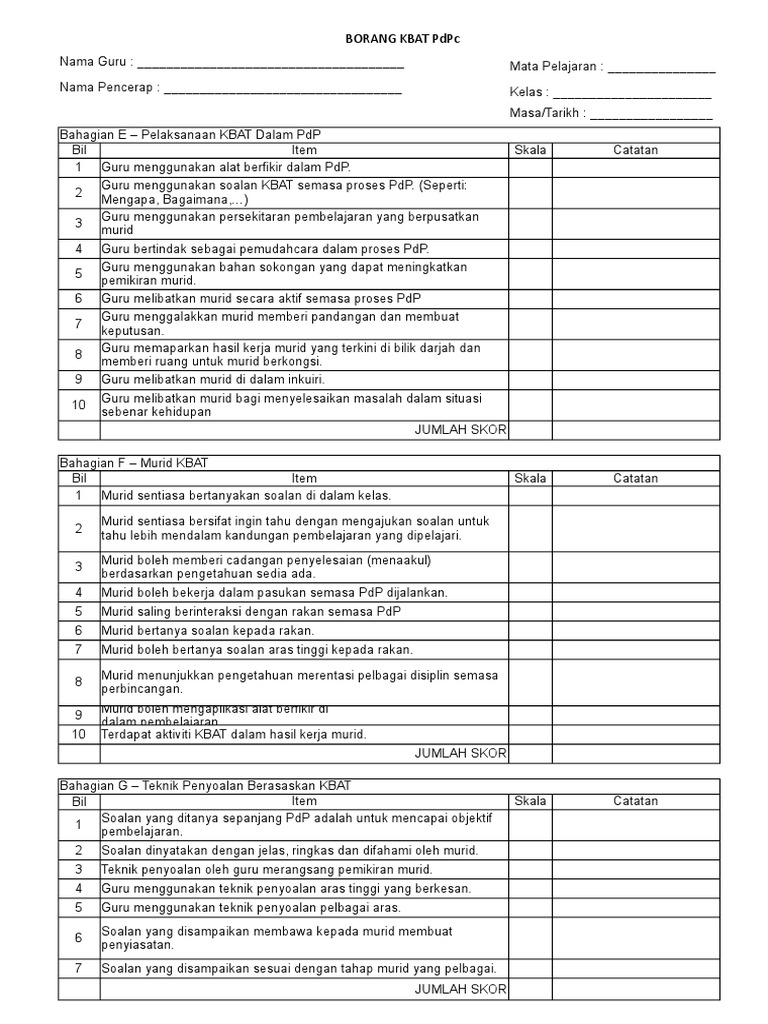 Borang PDPC KBAT | PDF