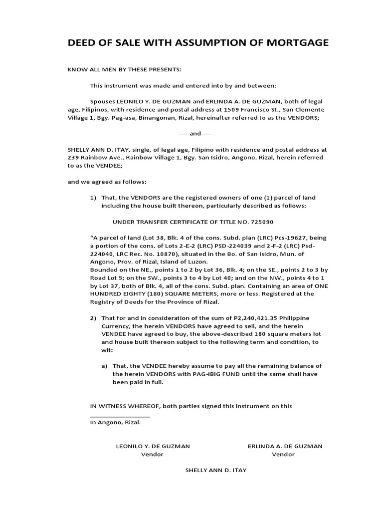 Deed of Sale With Assumption of Mortgage | PDF | Land Law | Property Law