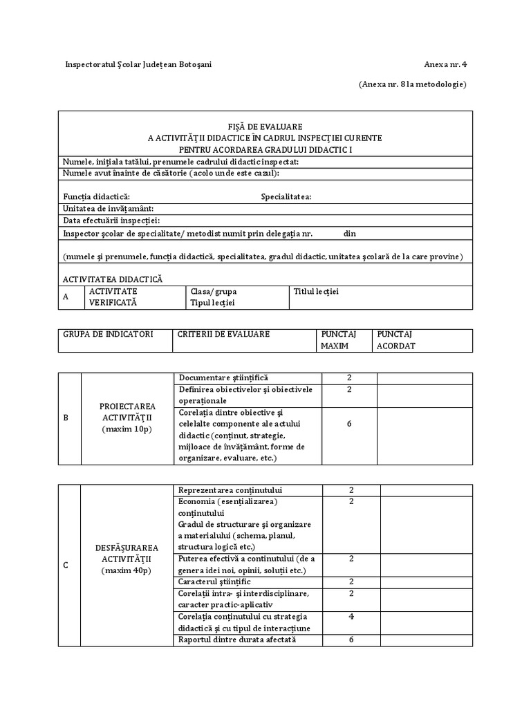 Fisa de Evaluare Inspectie Curenta Gradul I | PDF