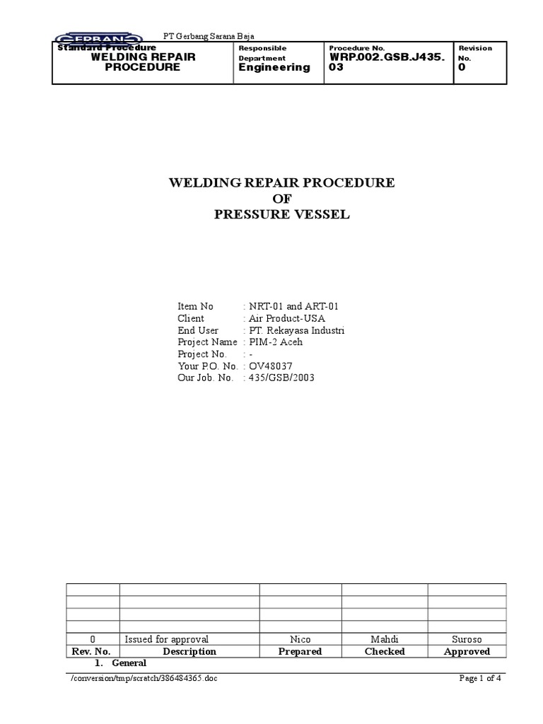 Welding Repair Procedure OF Pressure Vessel: PT Gerbang Sarana Baja ...