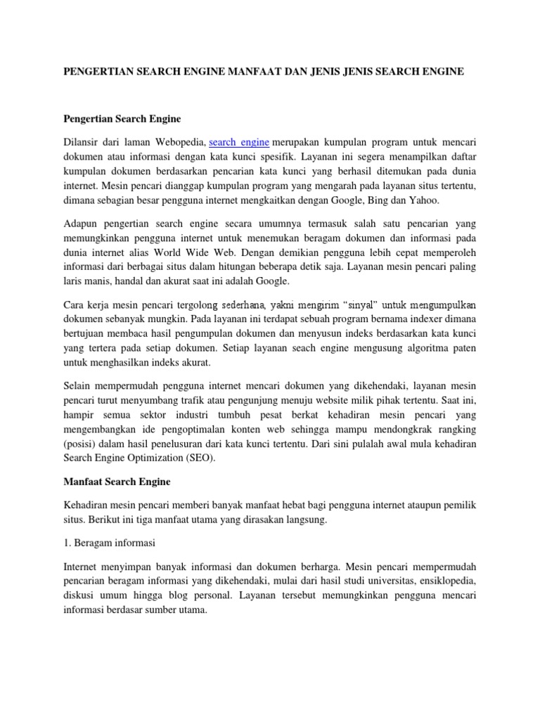 Pengertian Search Engine Manfaat Dan Jenis Jenis Search Engine | PDF