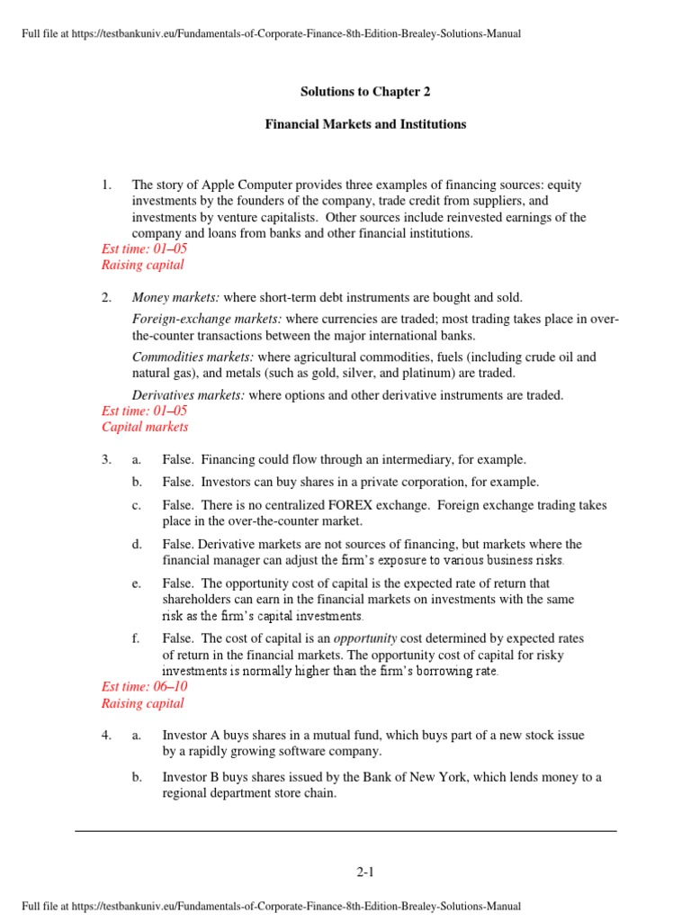 Fundamentals of Corporate Finance 8th Edition Brealey Solutions Manual ...