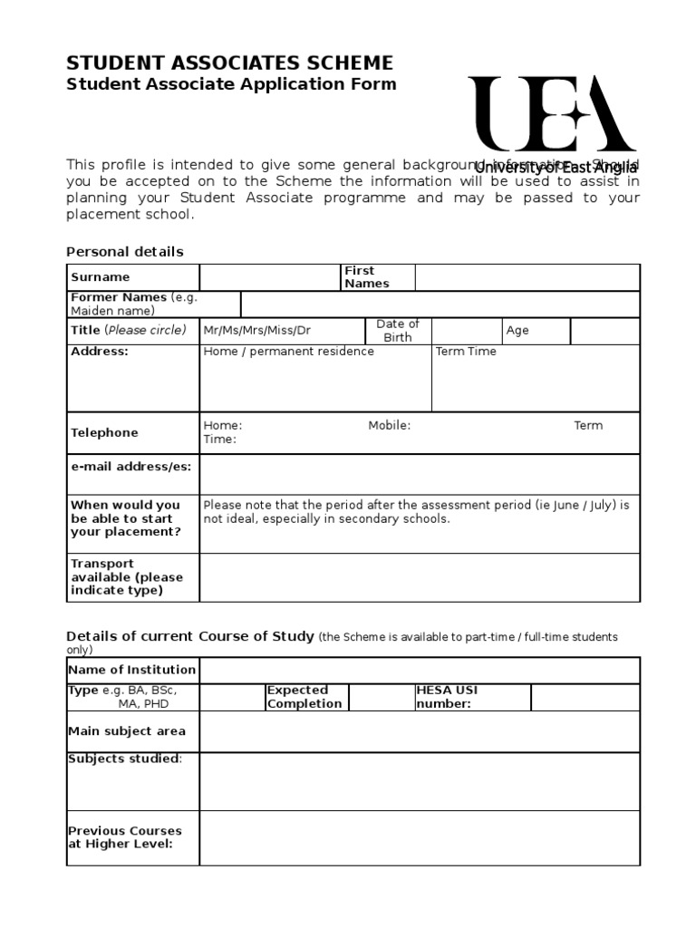 Student Associates Scheme: Student Associate Application Form | PDF ...