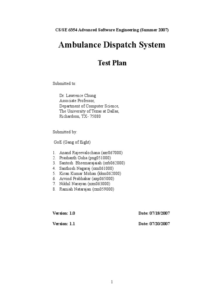 Comprehensive Test Plan for the Ambulance Dispatch System | PDF | Unit ...