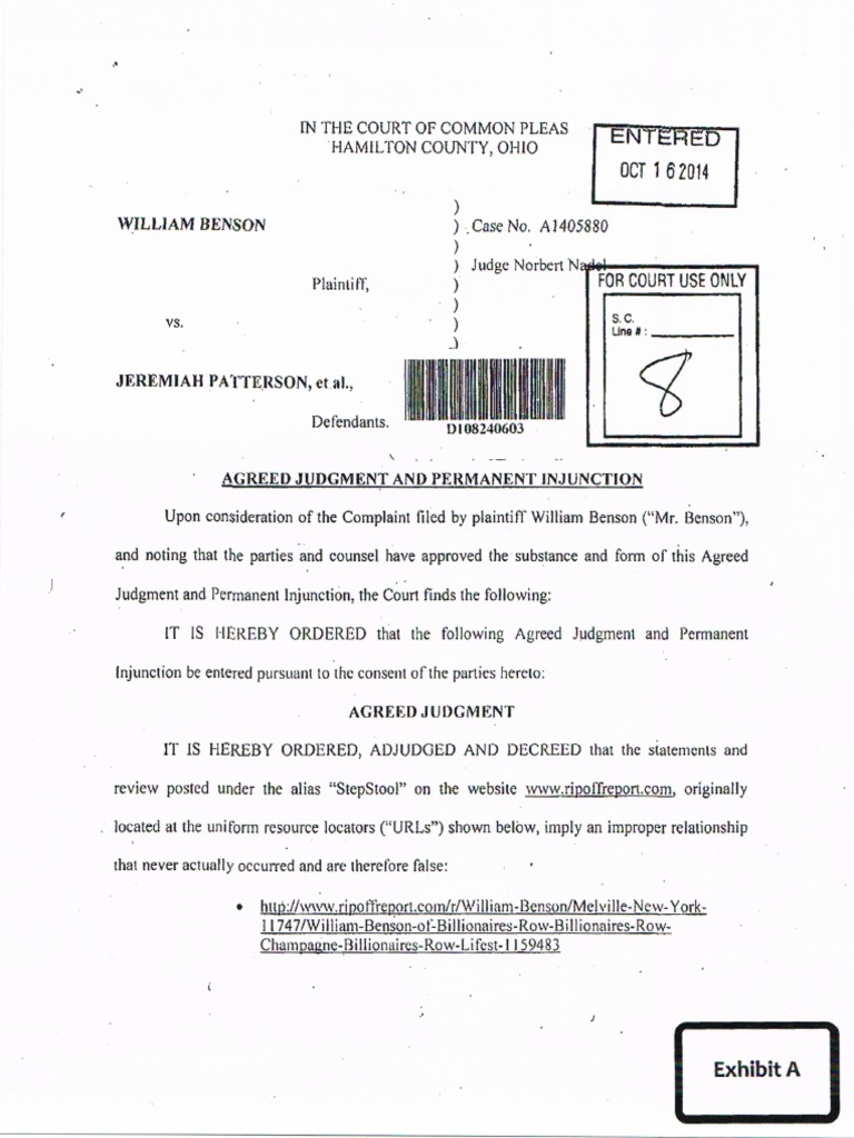William Benson v. Jeremiah Patterson - Agreed Judgment and Permanent Injunction | PDF