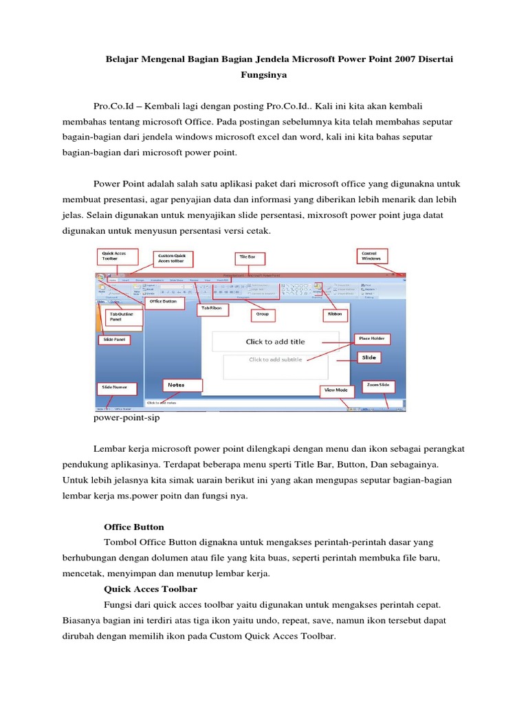 Belajar Mengenal Bagian Bagian Jendela Microsoft Power Point 2007 Disertai Fungsinya | PDF