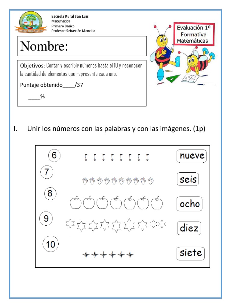 Prueba 1° Contar Numeros Hasta 10 | PDF