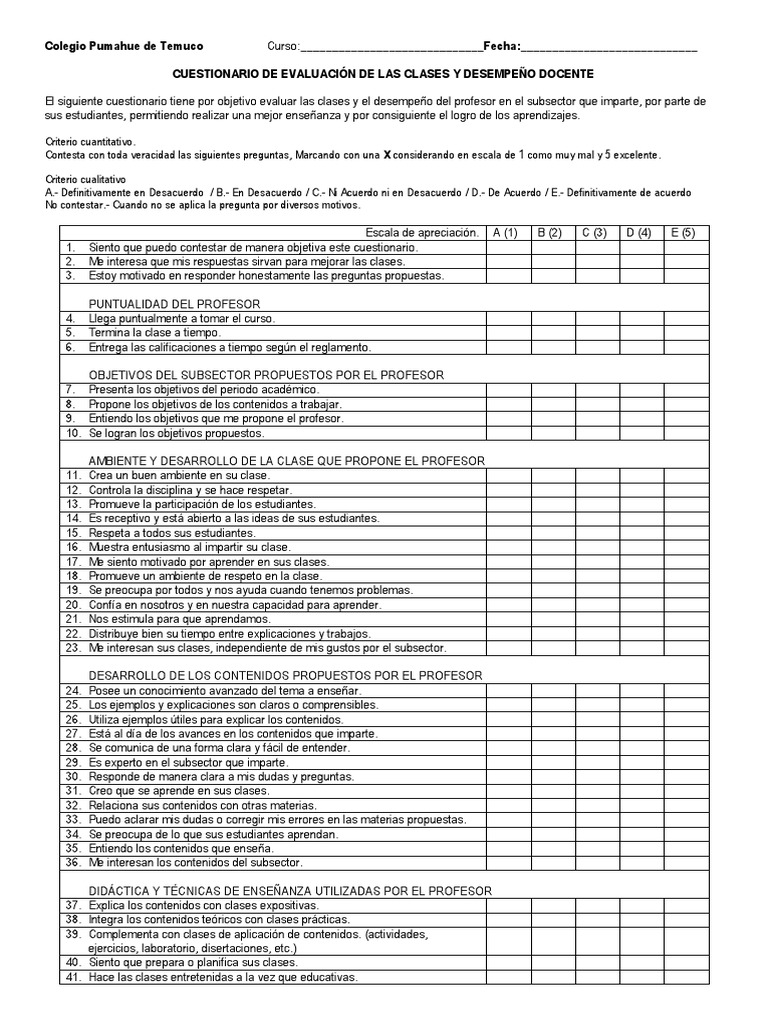 Cuestionario de Evaluación de Las Clases y Evaluación Docente | PDF ...