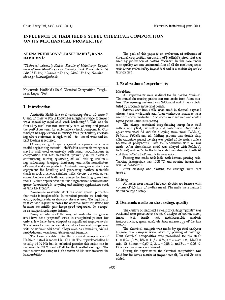 Influence of Hadfield S Steel Chemical Composition On Its Mechanical ...