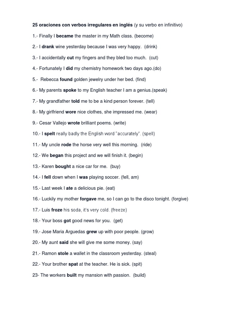 25 Oraciones Con Verbos Irregulares En Inglés Oraciones Pdf Idiomas