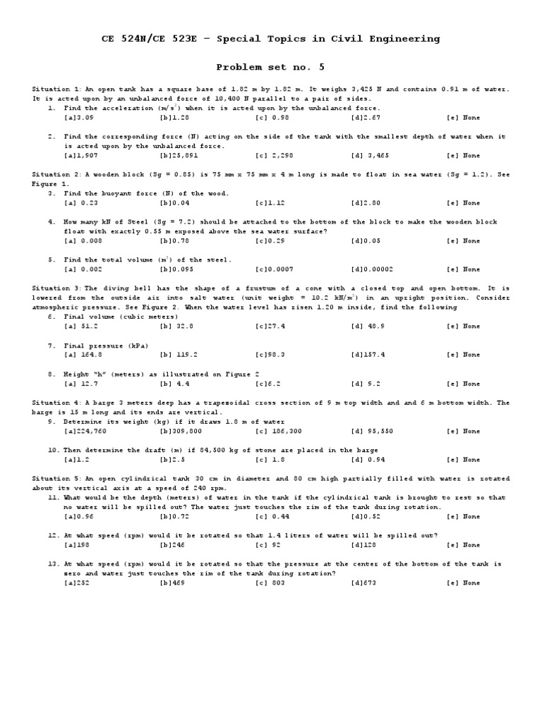 Civil Engineering Fluid Mechanics Problem Set | PDF | Buoyancy | Pressure