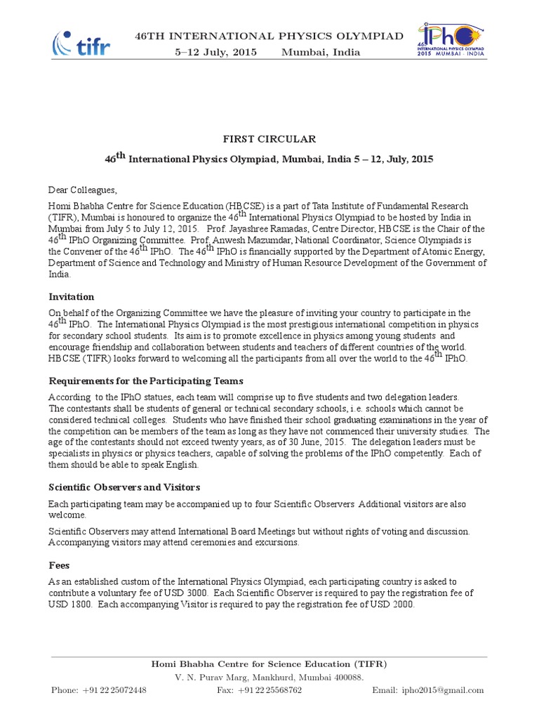 IPhO-2015 First Circular | PDF | Business