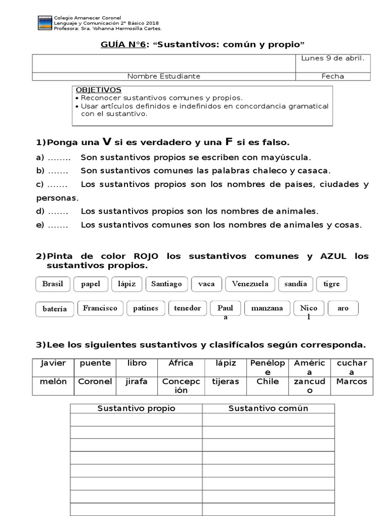 Guía Sustantivos Común Propio 2° Básico | PDF | Sustantivo ...
