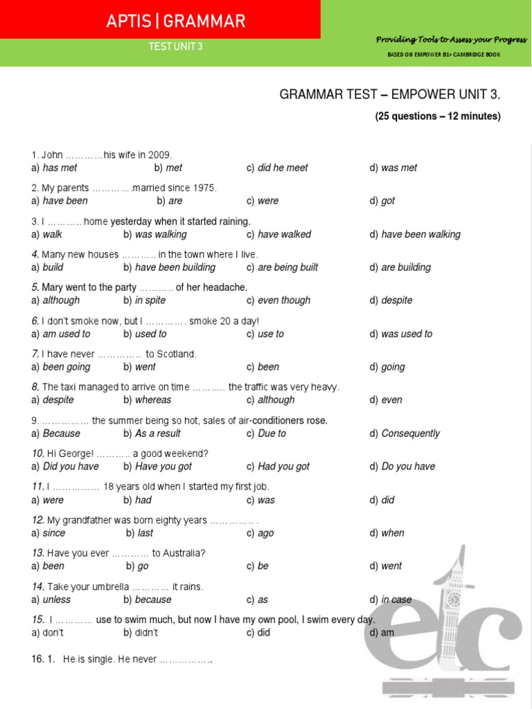 Grammar Test: Empower B1+ Unit 3 | PDF