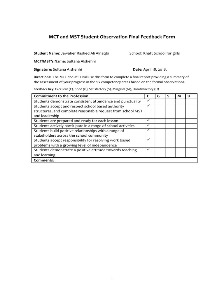 MST - Observation Feedback Form - 201820 | PDF | Educational Assessment ...