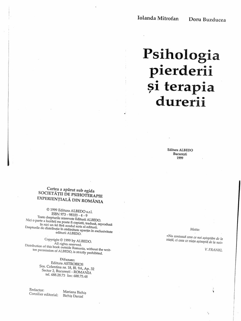 Psihologia Pierderii Si Terapia Durerii Iolanda Mitrofan Doru Buzducea ...