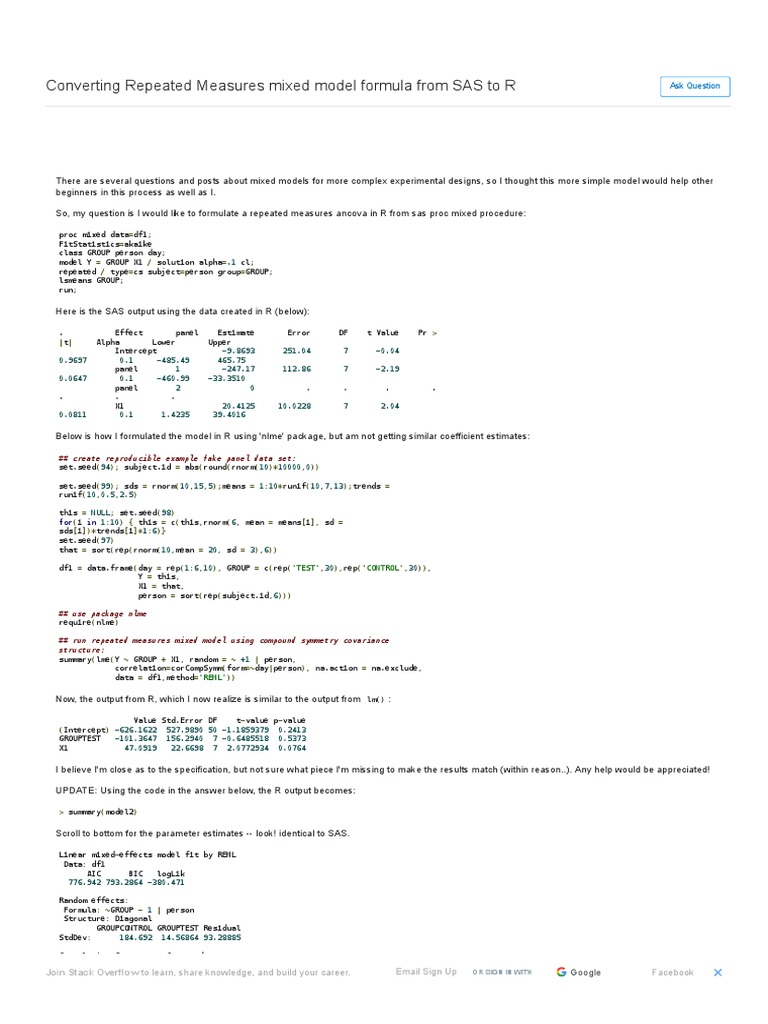 Converting Repeated Measures Mixed Model Formula From SAS To R - Stack Overflow | PDF | Standard ...