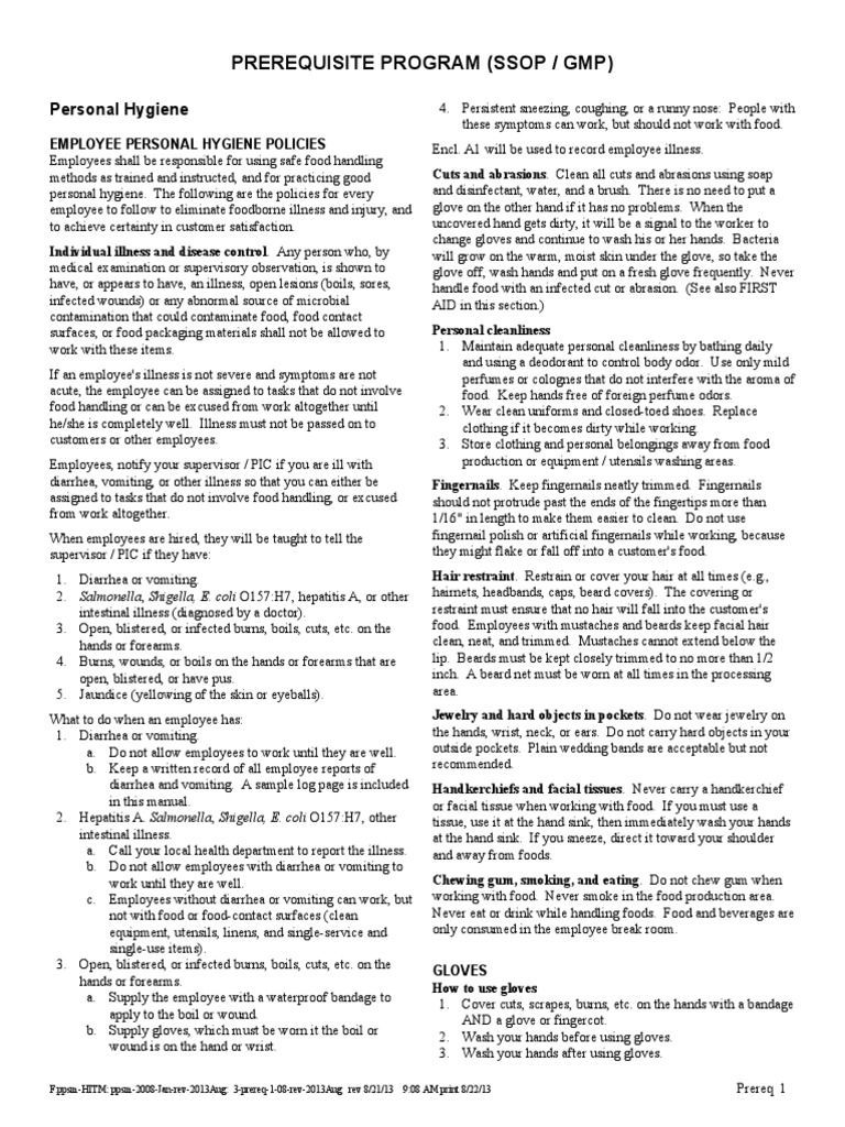 Prerequisite Program (Ssop / GMP) : Personal Hygiene | Download Free ...