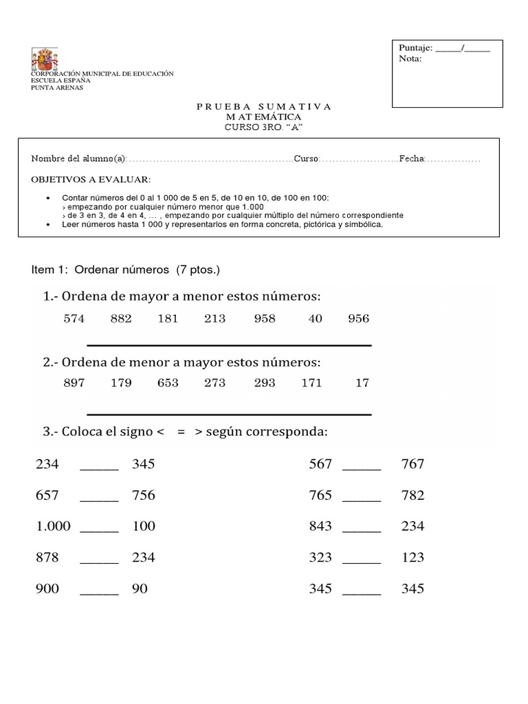 Prueba de Matemáticas: Números hasta 1000 | PDF