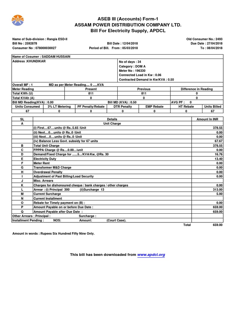 ASEB III (Accounts) Form-1 Assam Power Distribution Company Ltd. Bill ...
