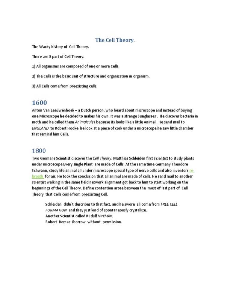 The Cell Theory.: ENGLAND To Robert Hooke He Look at A Piece of Cork ...