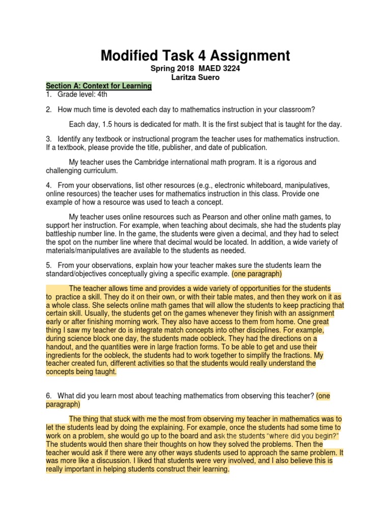 Modified Task 4 Assignment: Spring 2018 MAED 3224 Laritza Suero | PDF ...