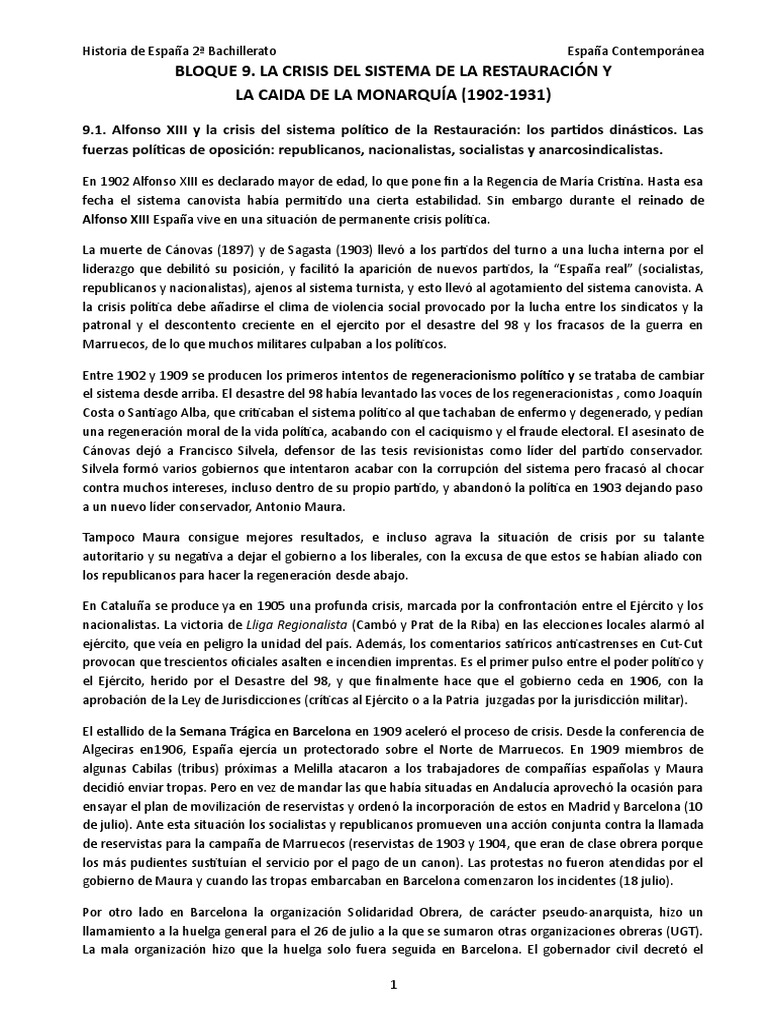 Bloque 9. La Crisis Del Sistema de Restauración y La Caida de La Monarquía (1902-1931) | PDF ...