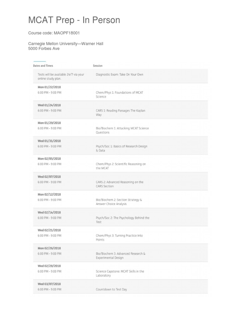 In-Person MCAT Prep Course at CMU | PDF