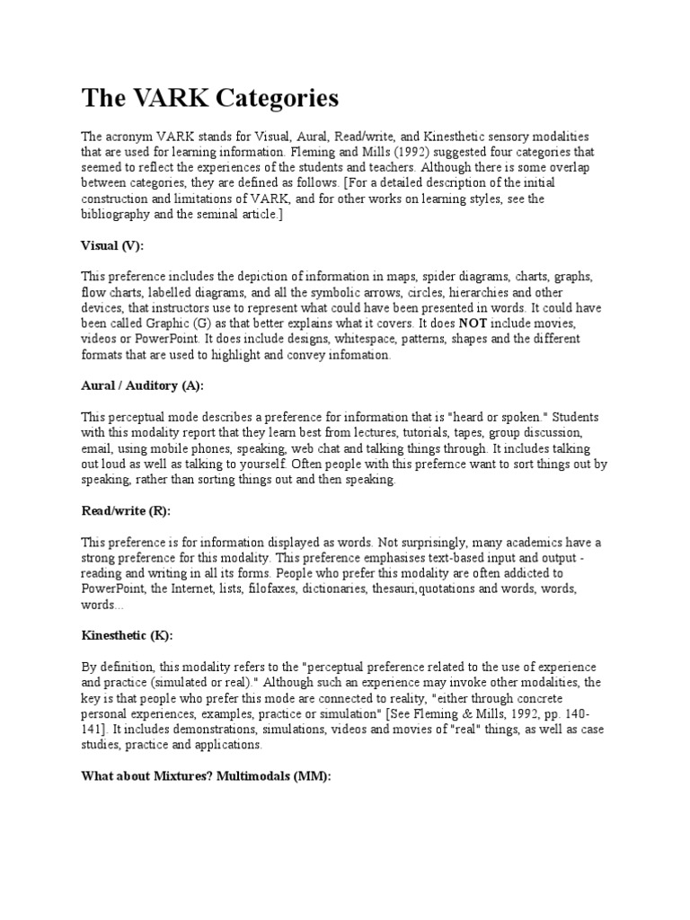 The VARK Categories | Learning Styles | Mental Processes