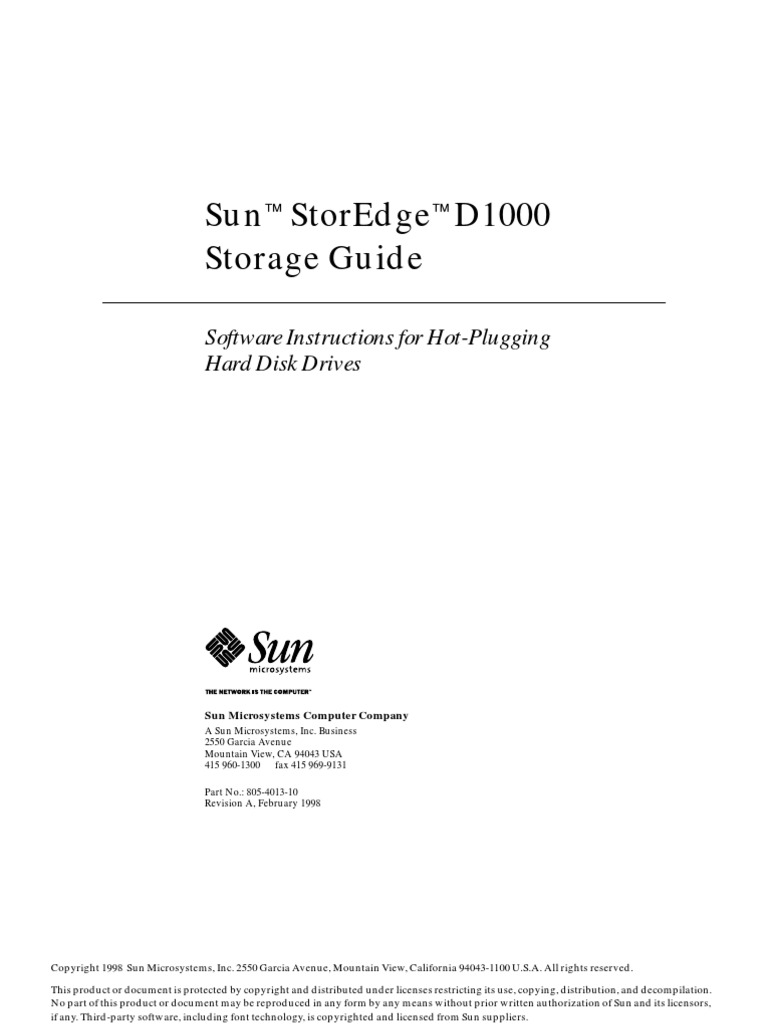 Sun Storedge D1000 Storage Guide: Software Instructions For Hot ...