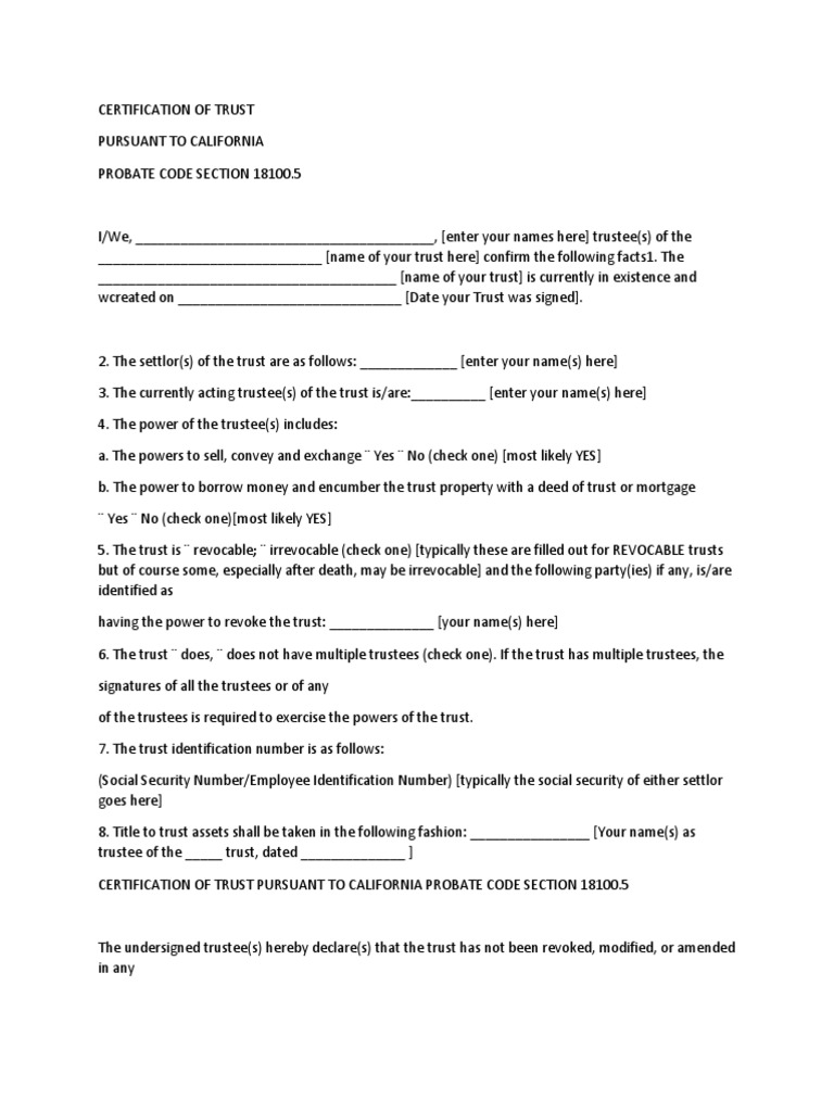 California Trust Certification Form | PDF | Deed Of Trust (Real Estate ...